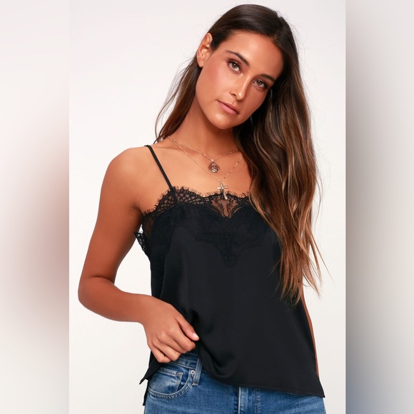 Lulus | Tops | Lulus Maddox Black Satin Lace Cami | Poshmark